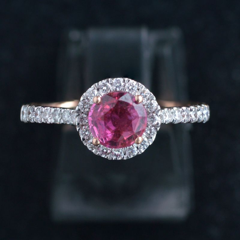 Pink Sapphire & diamond round halo ring - Rocks and Clocks